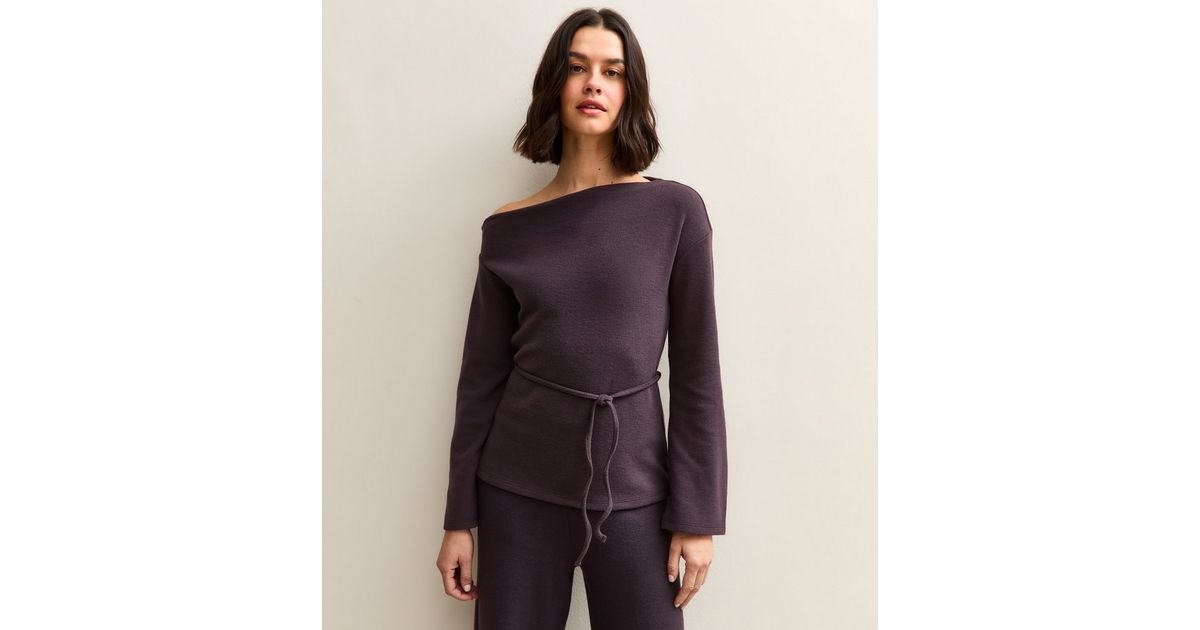 Dark Purple Soft Touch Asymmetrical Slash Neck Tie Top | New Look
