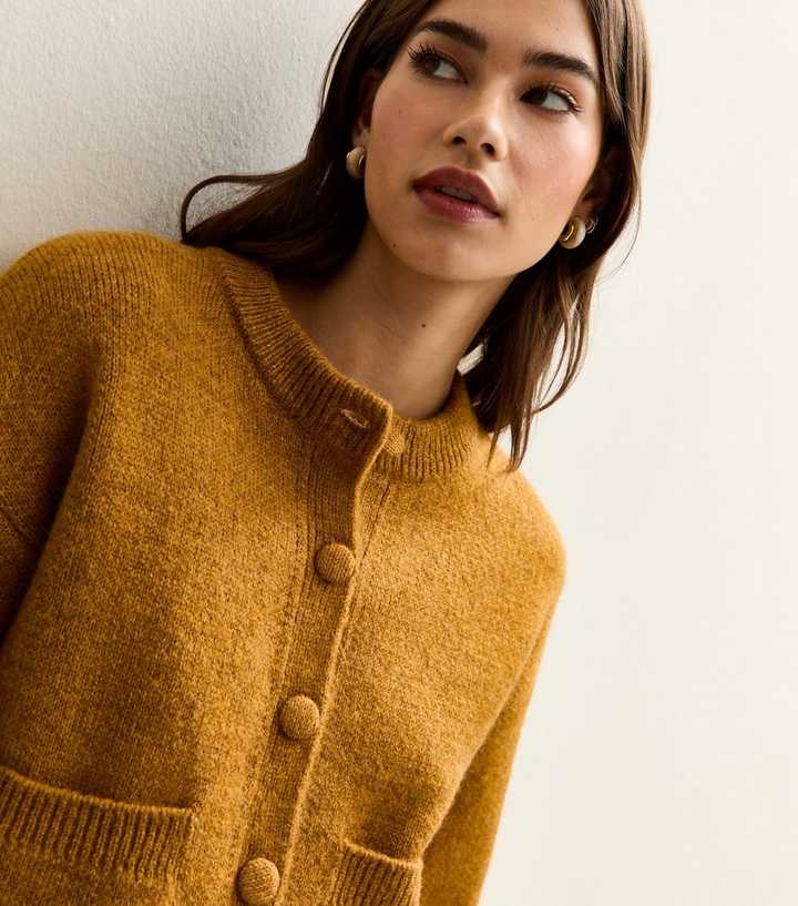 Dark Yellow Crew Neck Knitted Cardigan | New Look