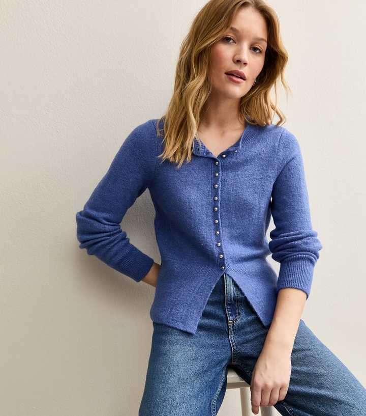 Bright Blue Dome Button Crew Neck Cardigan | New Look