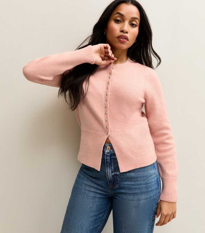 Petite Pink Dome Button Crew Neck Cardigan | New Look