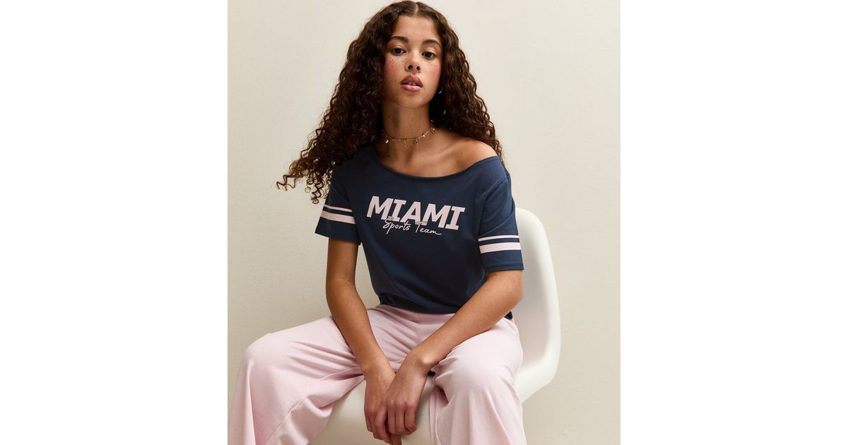 Girls Navy Sports Team Slash Neck Top | New Look