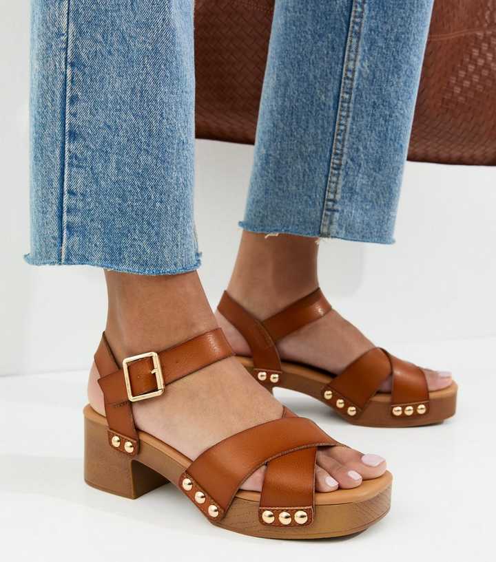 Tan Faux Leather Clog Block Heel Sandals | New Look