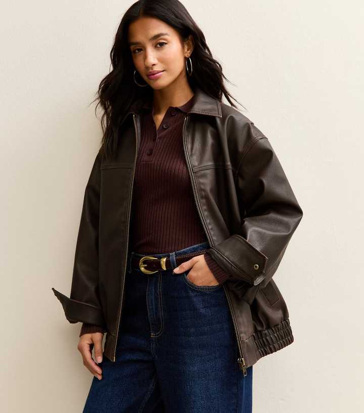 Petite Oversized Washed Faux Leather Jacket | New Look