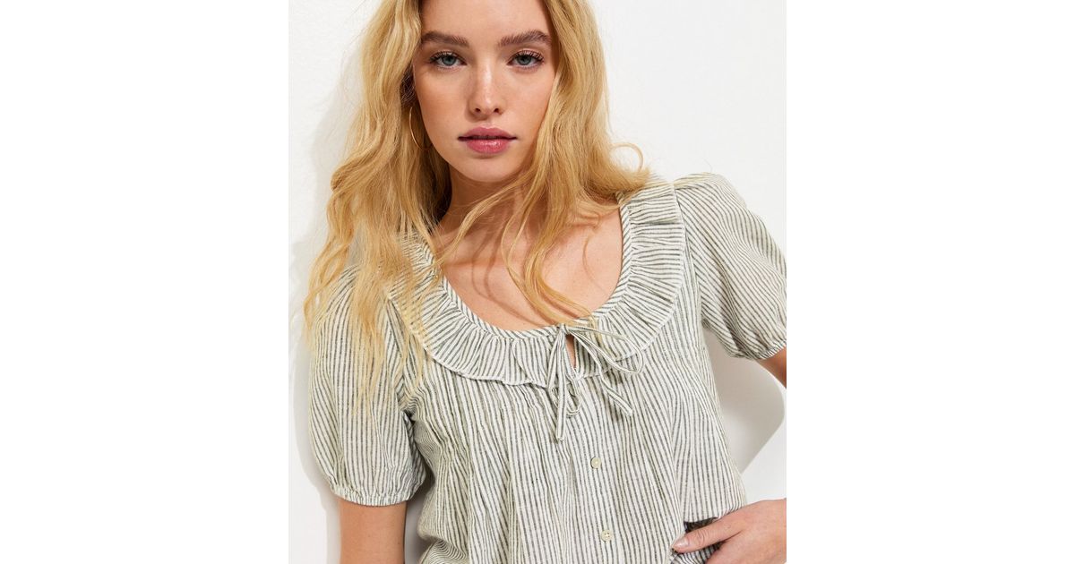 Green Striped Frill Neckline Blouse | New Look