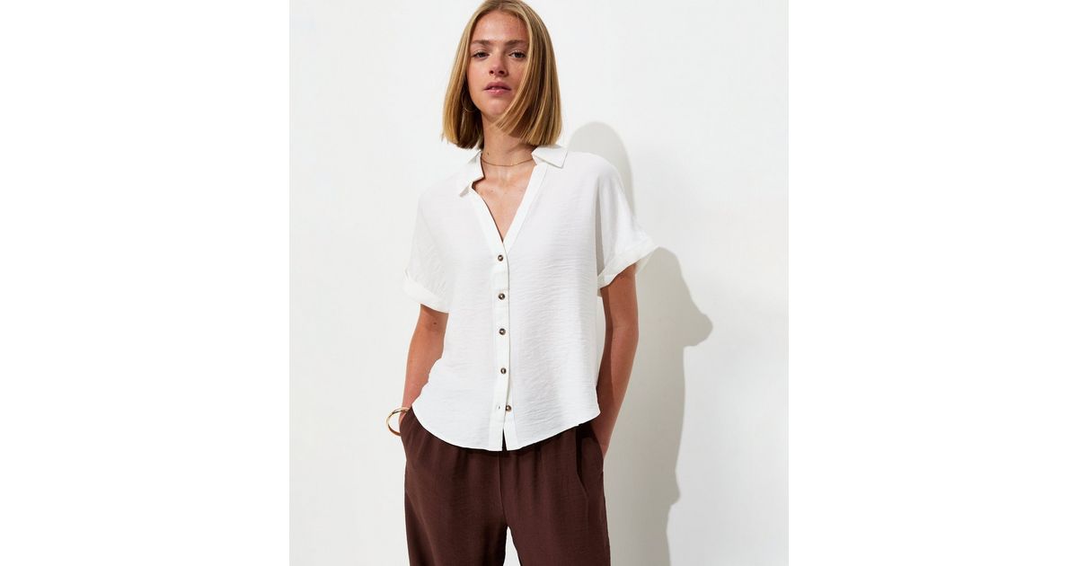 White Collared V Neck Short Shirt | New Look