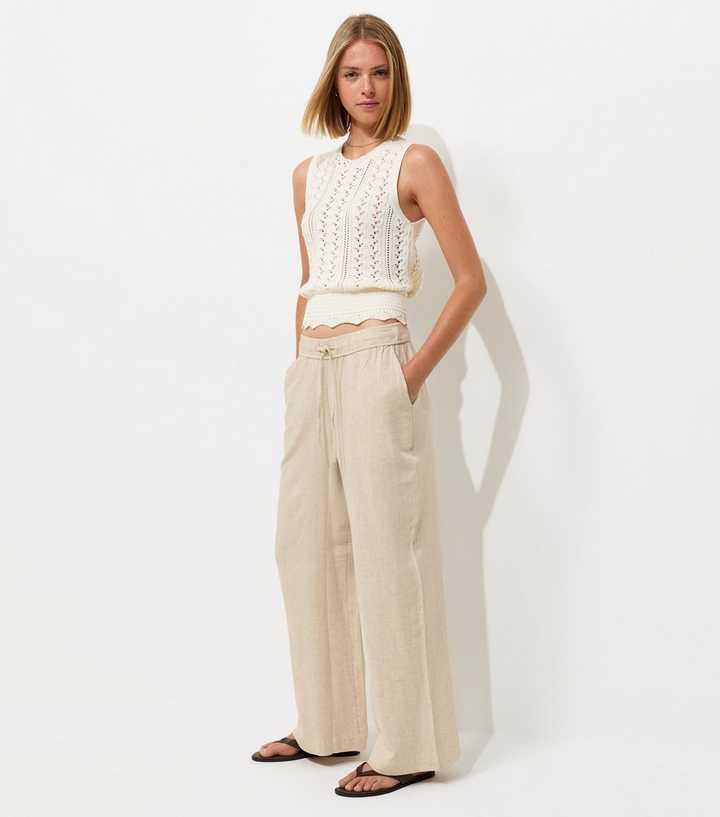 Stone Linen Look Wide Leg Drawstring Trousers | New Look