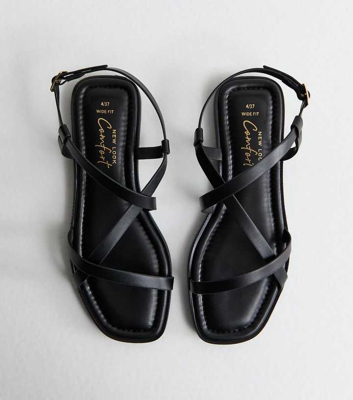 Wide Fit Black Faux Leather Multi Strap Flat Sandals | New Look