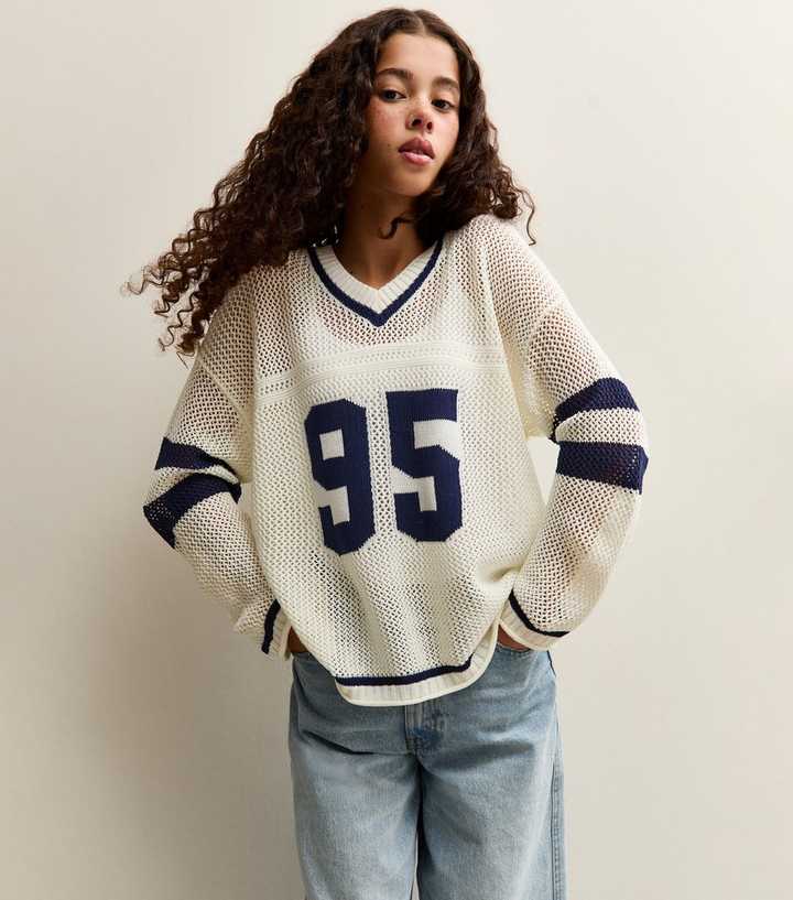 Girls Cream Mesh Knit V-Neck Football Jumper | New Look
