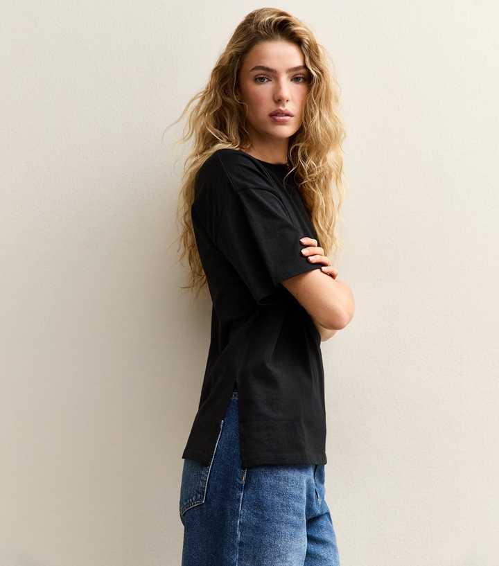 Black Side Split T-Shirt | New Look