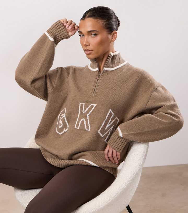 Gym King Light Brown Restore Knit Zip Funnel Jumper | New Look