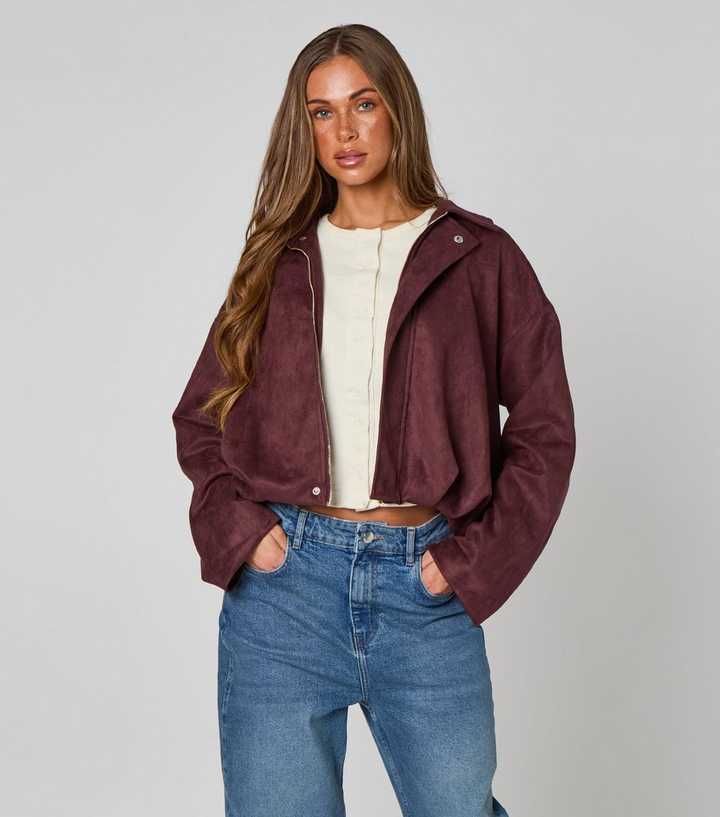 Urban Bliss Dark Purple Faux Suede Bomber Jacket | New Look