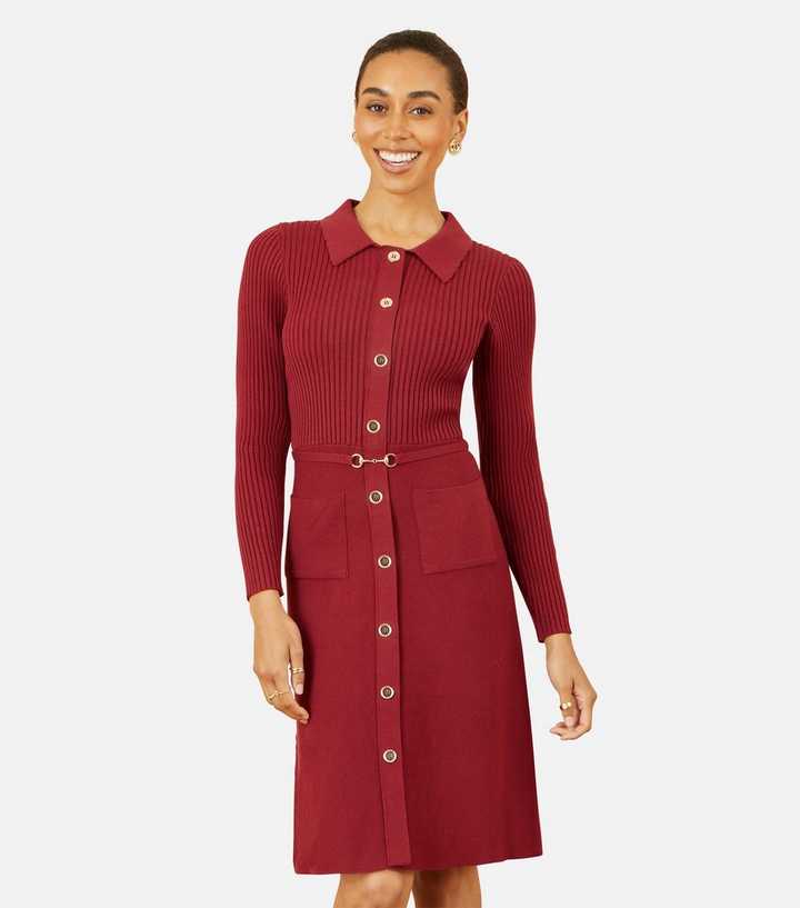Yumi Burgundy Ribbed Knit Shirt Dress | New Look