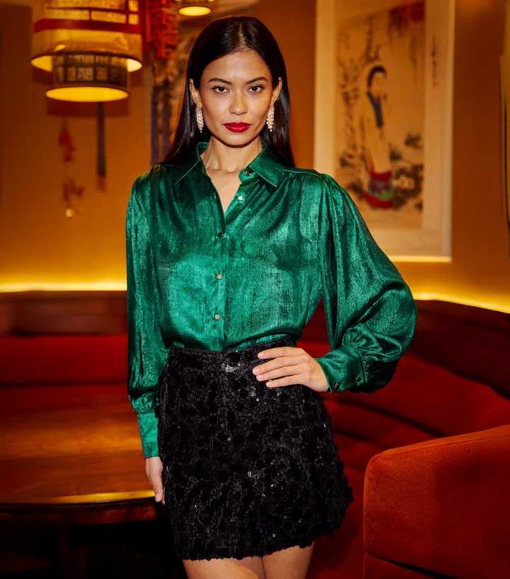 Yumi Green Metallic Relaxed Shirt | New Look