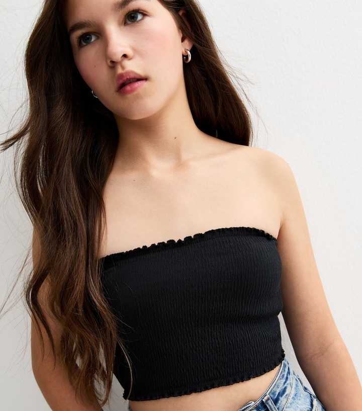 Girls Black Shirred Bandeau Crop Top | New Look