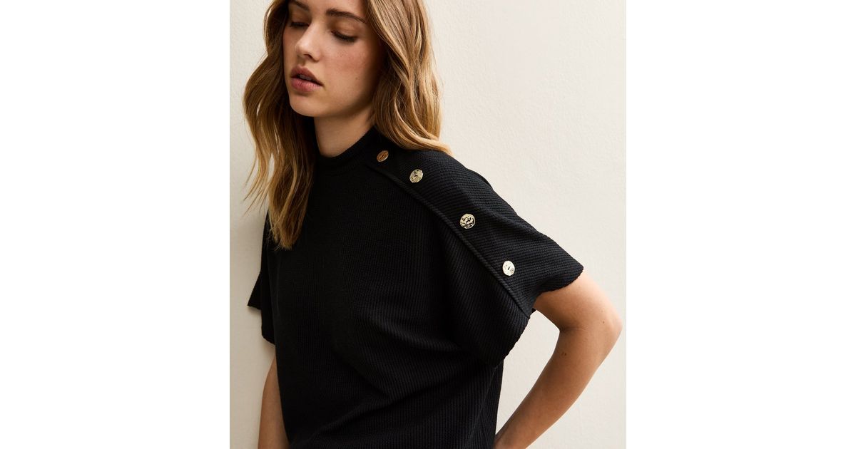 Black Faux Button Batwing Textured Short Sleeve Top | New Look