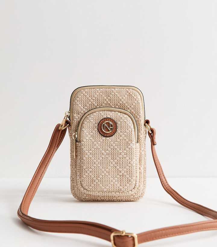 Cream Canvas Logo Plaque Crossbody Phone Bag | New Look