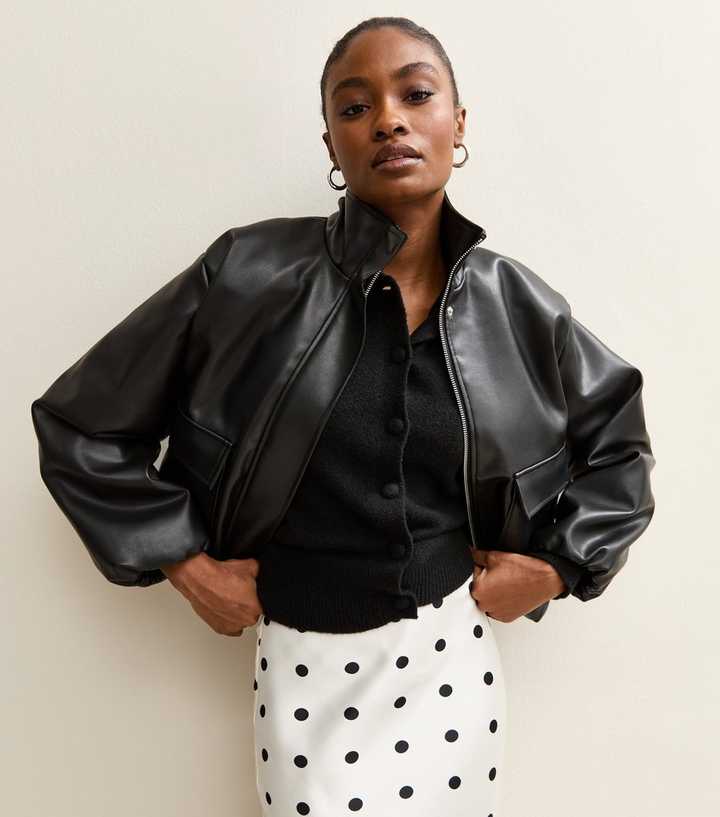 Black Faux Leather Funnel Neck Bomber Jacket | New Look