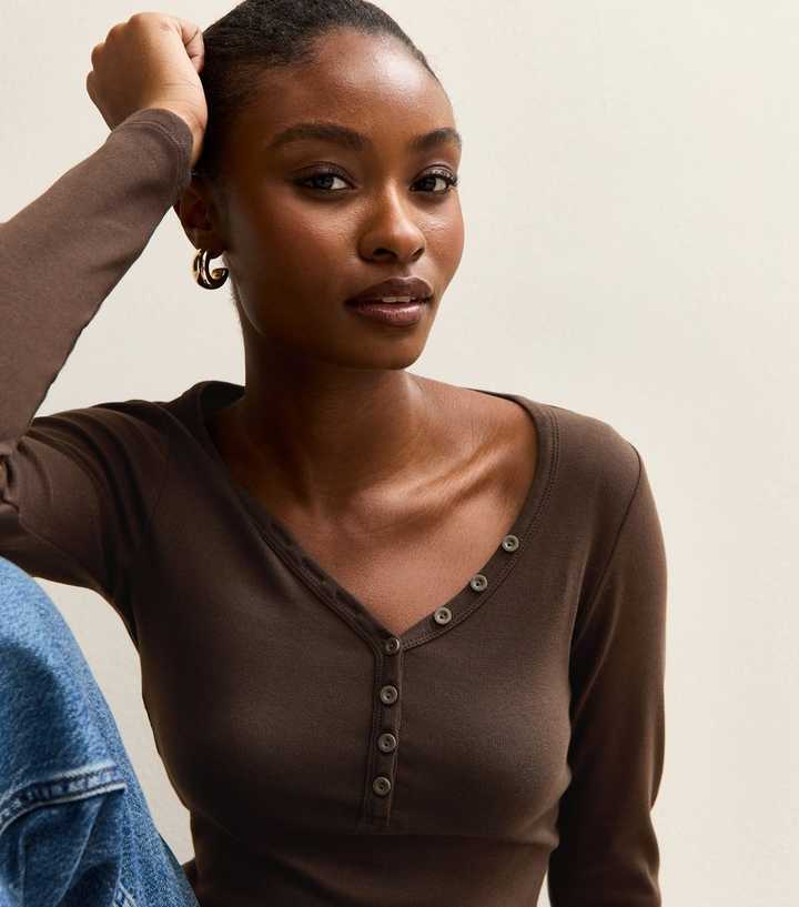 Dark Brown Long Sleeve Henley Top | New Look