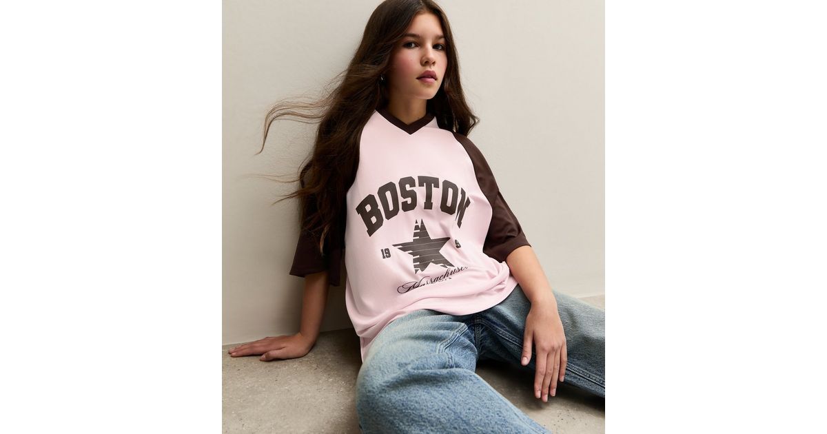 Girls Pink Boston Star Print Longline Football Top | New Look