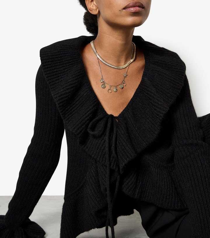 Apricot Black Ruffled Tie Front Cardigan | New Look
