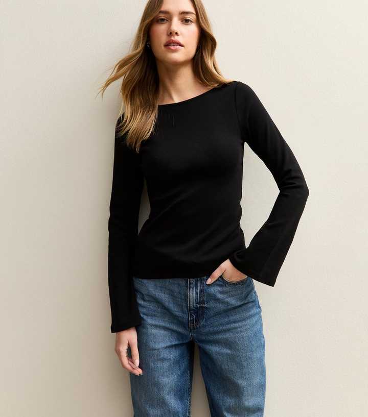 Black Slash Neck Flared Long Sleeve Top | New Look