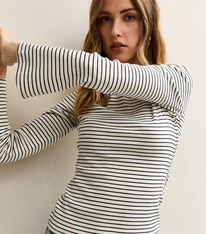 White and Navy Striped Slash Neck Flared Sleeve Top | New Look