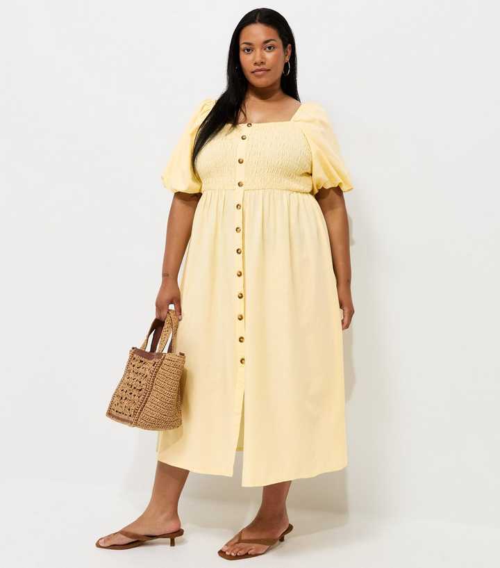 Curves Light Yellow Button Front Milkmaid Midi Dress | New Look