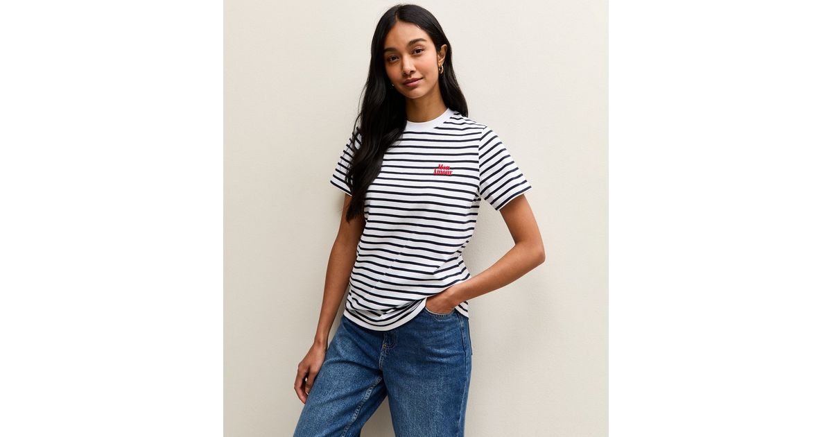 Navy Cotton Striped Mon Amour Logo T-Shirt | New Look
