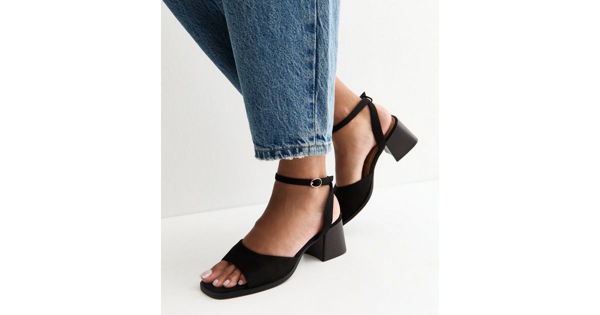 Black Faux Suede Curved Front Block Heel Sandals | New Look