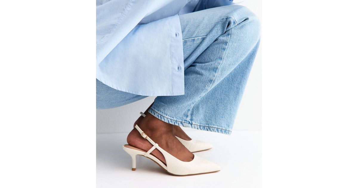 White Faux Leather Croc Embossed Slingback Court Shoes | New Look
