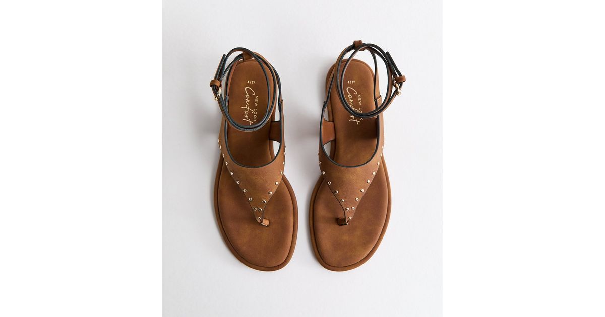 Tan Faux Suede Studded Toe Post Flat Sandals | New Look