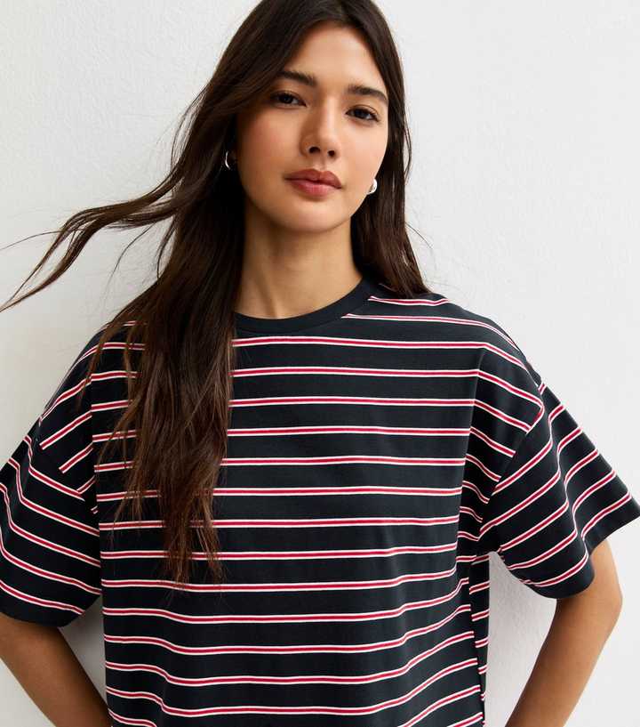 Navy Striped Boxy Crew Neck T-Shirt | New Look