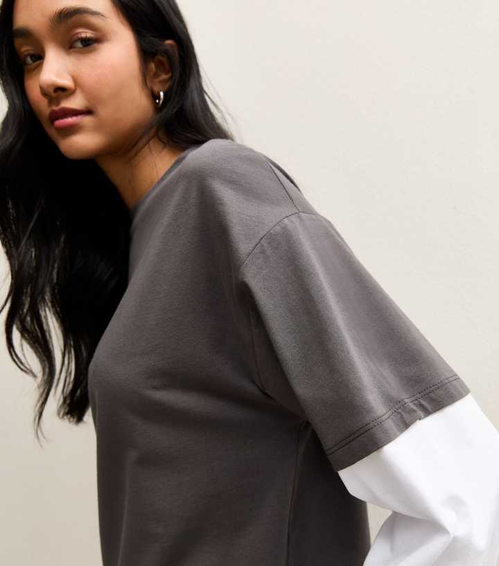 Dark Grey Boxy Layered Sleeve T-Shirt | New Look