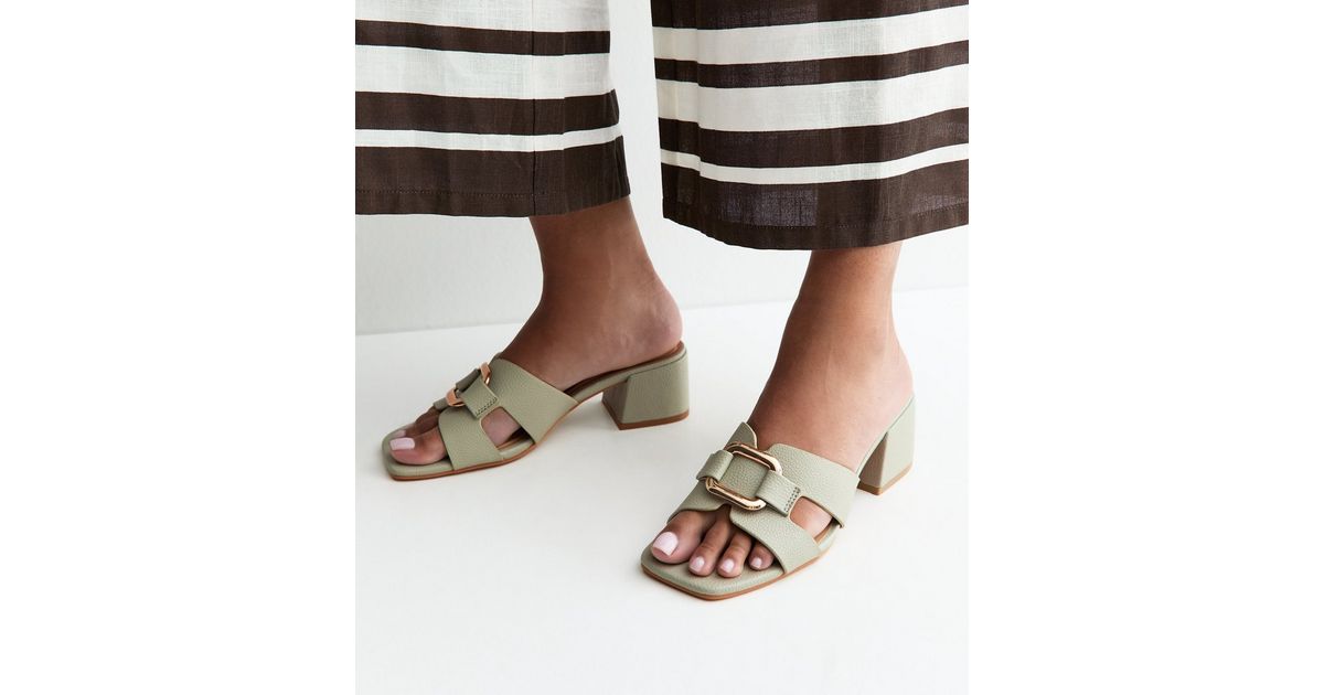 Wide Fit Light Green Rectangle Buckle Block Heel Mules | New Look
