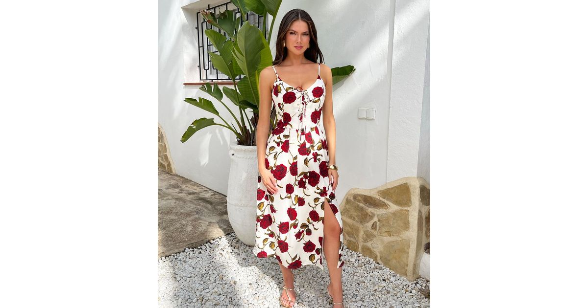 AX Paris Cream Rose Tie Front Midi Dress | New Look