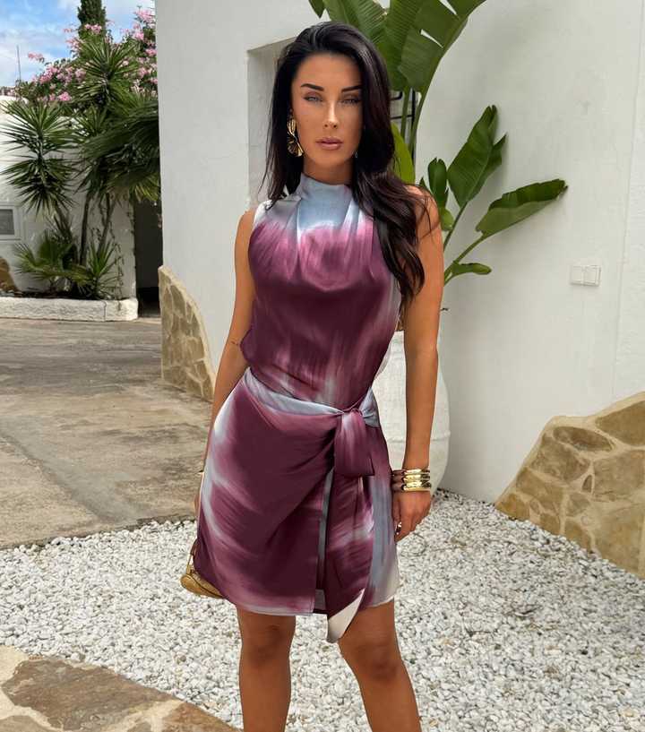 AX Paris Purple Smudge Print Tie Waist Mini Dress | New Look