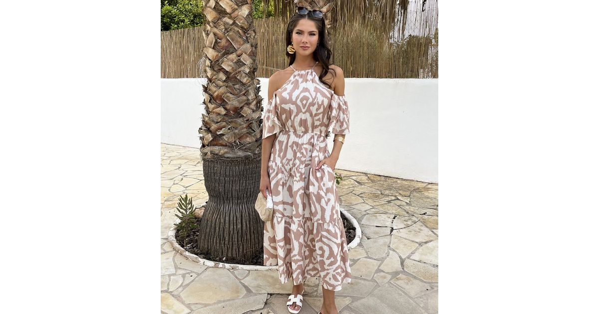 AX Paris Stone Abstract Print Cold Shoulder Midi Dress | New Look