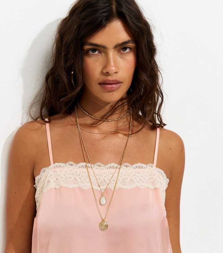 Pink Satin Lace Trim Longline Cami Top | New Look