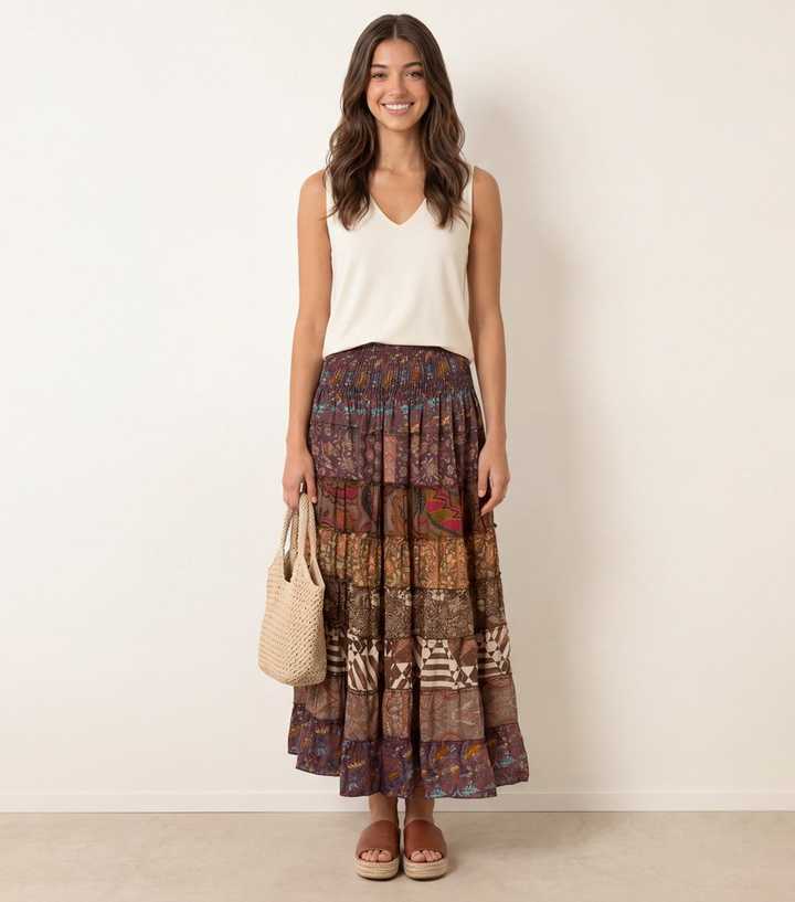 Blue Vanilla Dark Brown Floral Paisley Tiered Midi Skirt | New Look