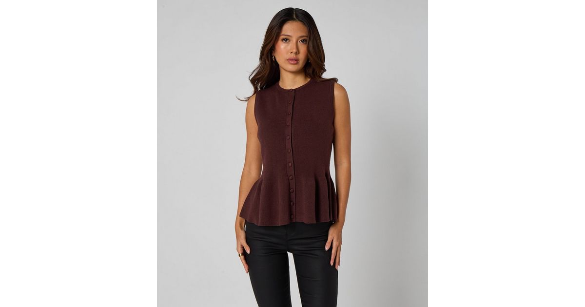 Urban Bliss Dark Brown Peplum Button Front Vest Top | New Look