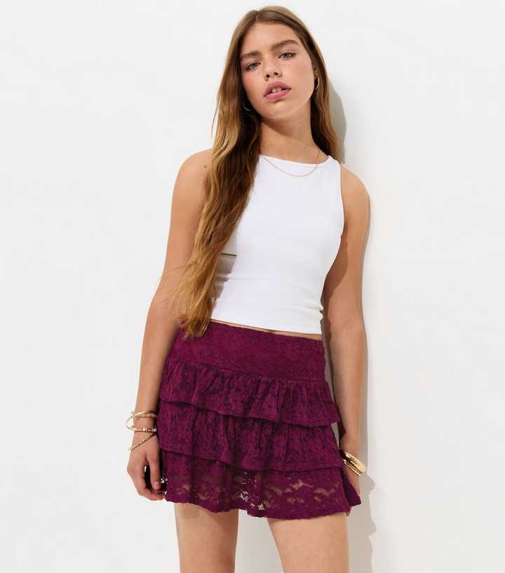 Girls Plum Lace Tiered Rara Skort | New Look