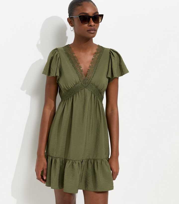 Dark Khaki Crinkle Texture Lace Trim V Neck Mini Dress | New Look