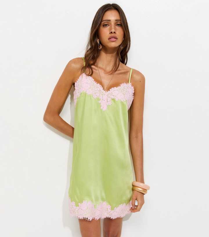 Green Satin Lace Trim Lace Mini Dress | New Look