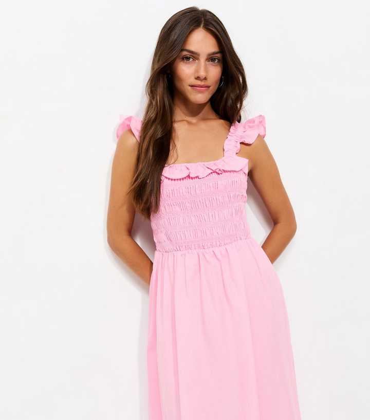 Petite Light Pink Cotton Tie Back Shirred Midi Dress | New Look
