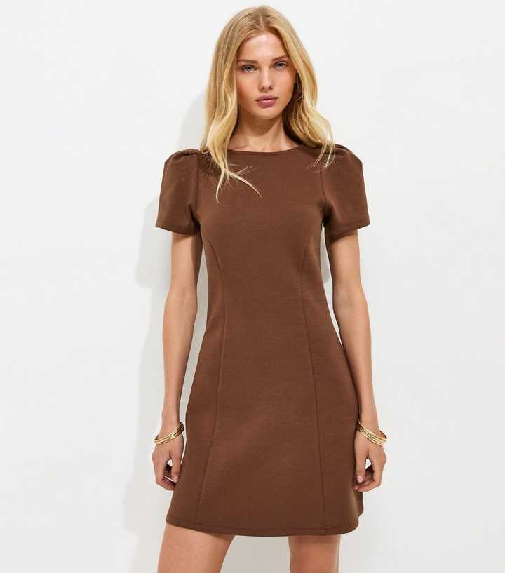 Dark Brown Cotton Rich Ponte Short Sleeve Structured Shoulder Mini ...