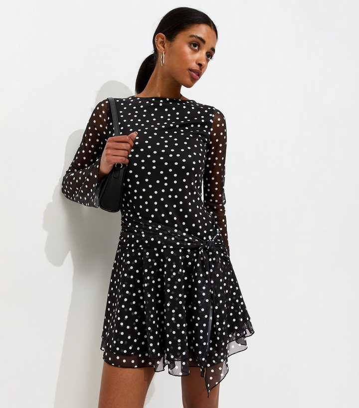 Black Polka Dot Flared Sleeve Frill Mini Dress | New Look