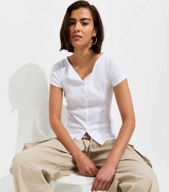 White Cotton Rich Button Through Baby Tee T-Shirt | New Look