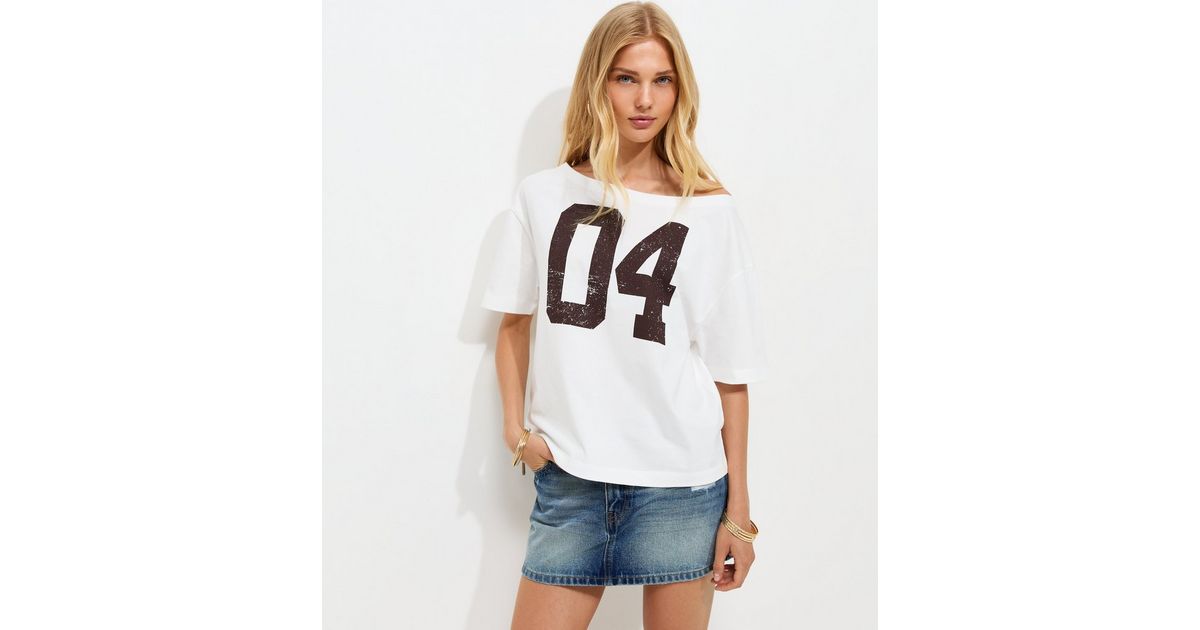 White Cotton 04 Logo Off The Shoulder T-Shirt | New Look